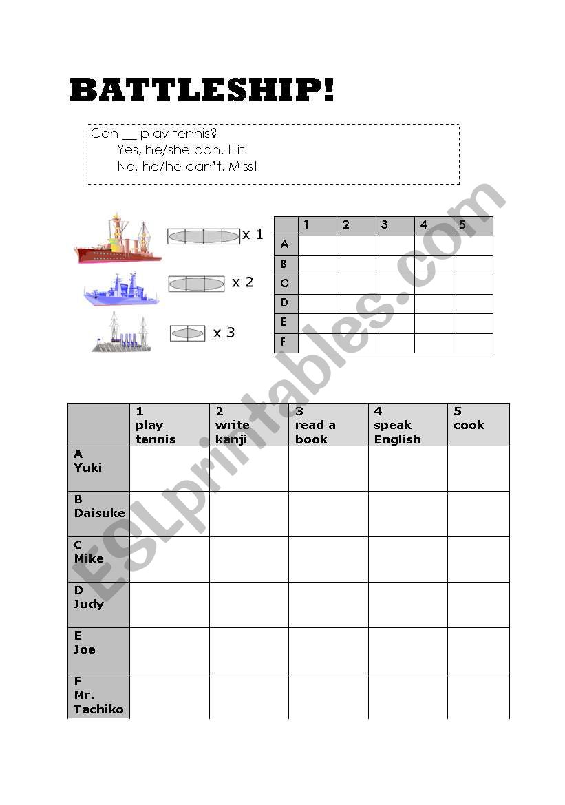 Battleship Game: Can/Can´t - ESL worksheet by karmachu