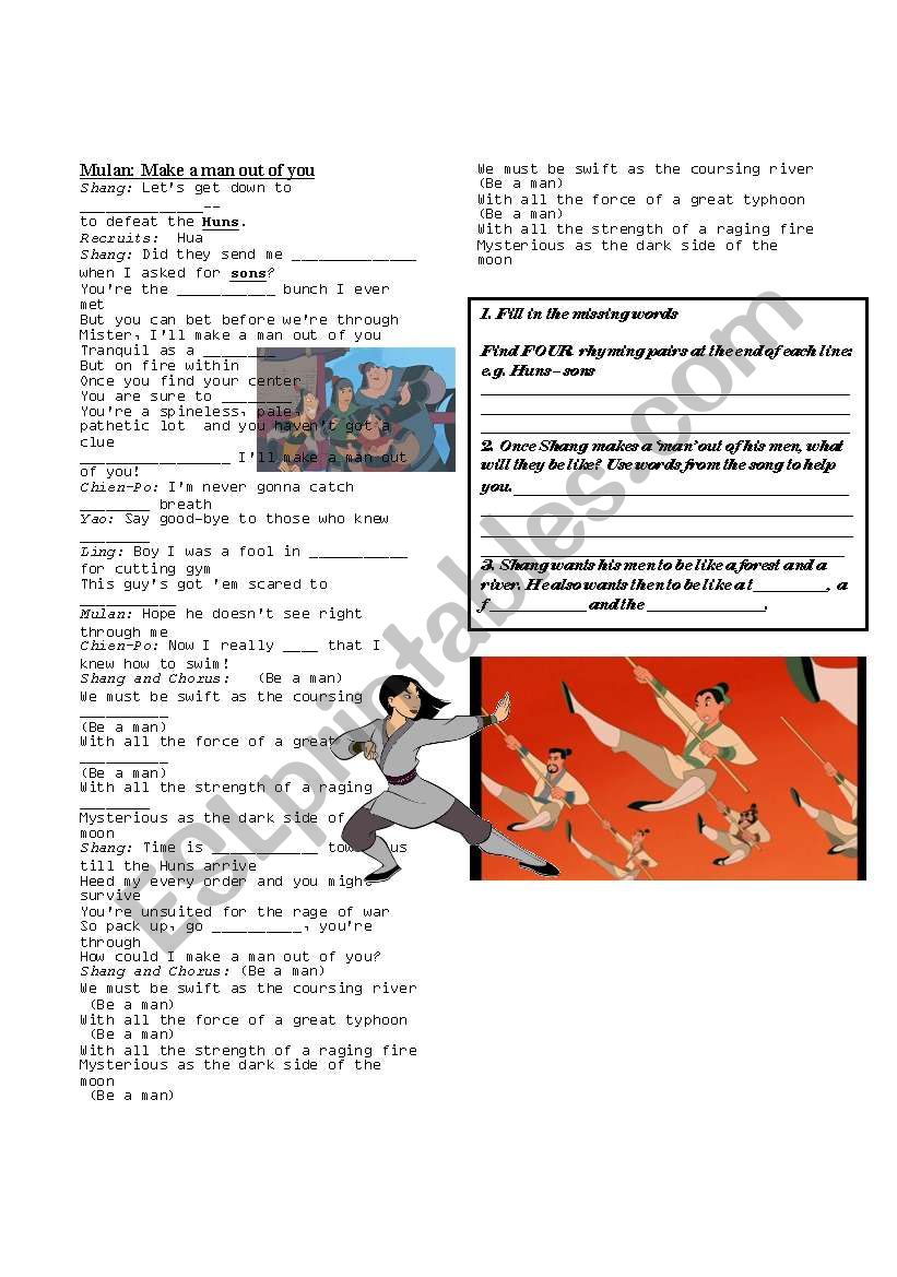 Mulan song: IÂ´ll make a man out of you - ESL worksheet by jackiecr