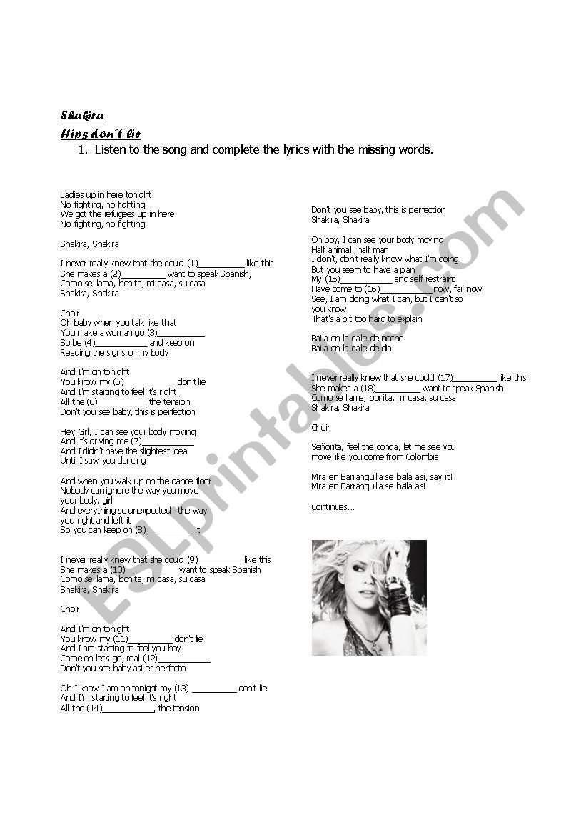 Shakira Hips don´t lie - ESL worksheet by trini