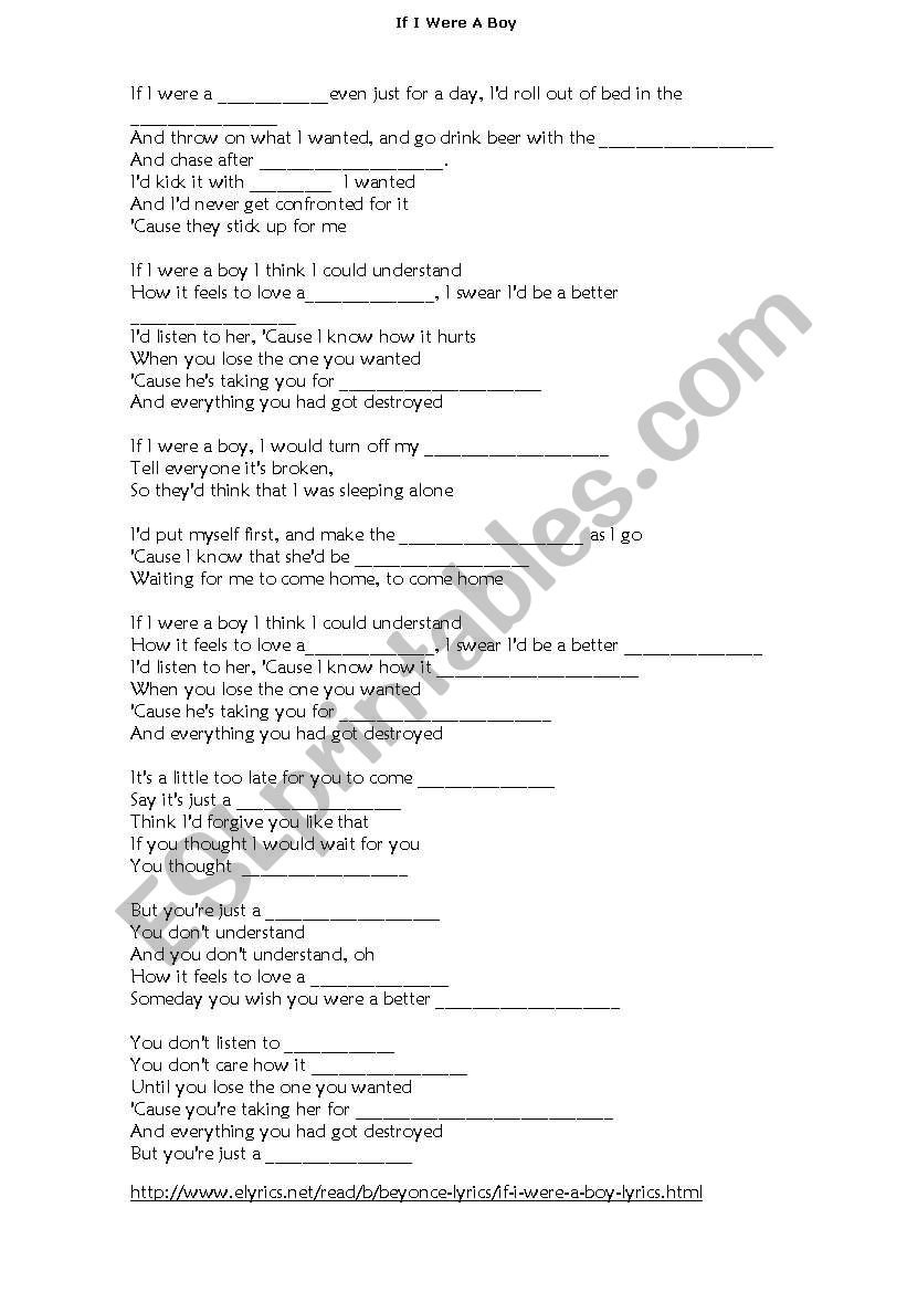 2nd CONDITIONAL- SONGS- If I were a boy-Beyoncé - ESL worksheet by Martago