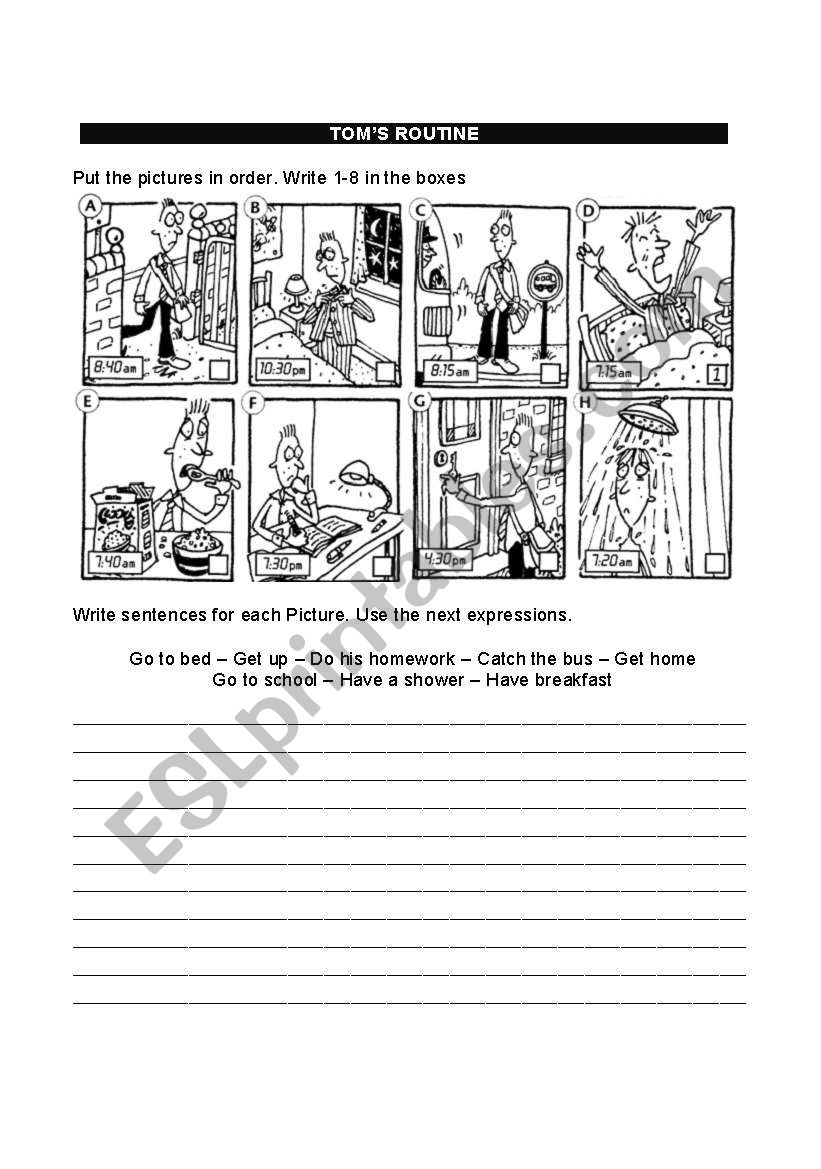Tom´s Routine - ESL worksheet by mogollonomar