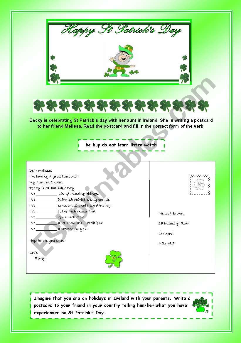 St Patrick´s Day -Postcard - ESL worksheet by ynroko1