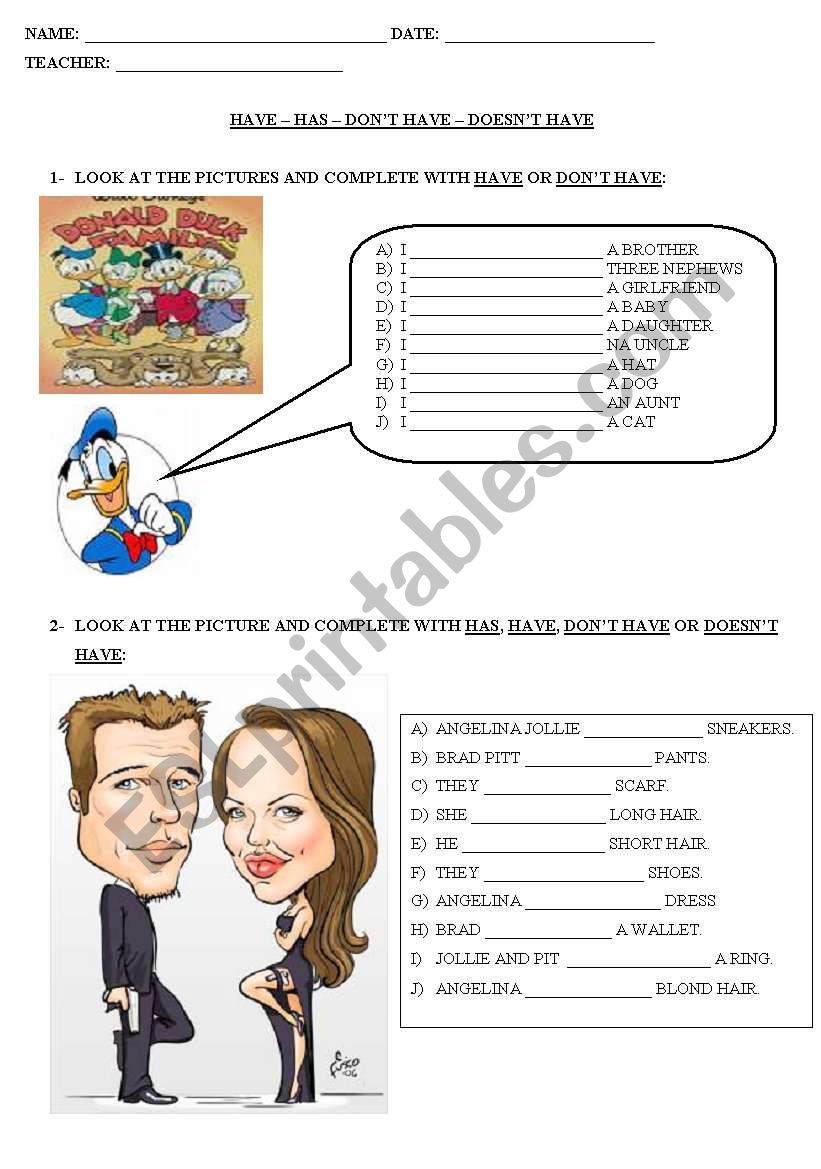 HAVE - HAS - DON´T HAVE - DOESN´T HAVE - ESL worksheet by lekangel