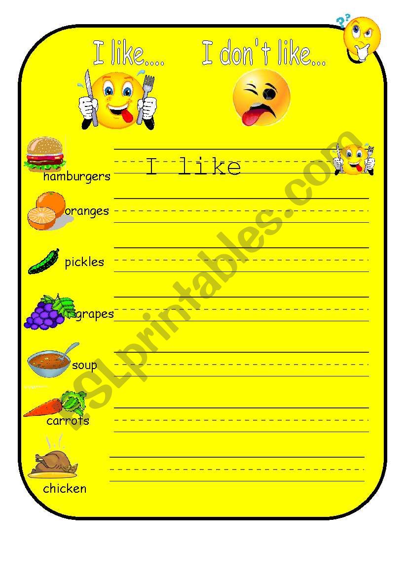 I like - I don´t like - Food - 2 pages - ESL worksheet by Marie R.