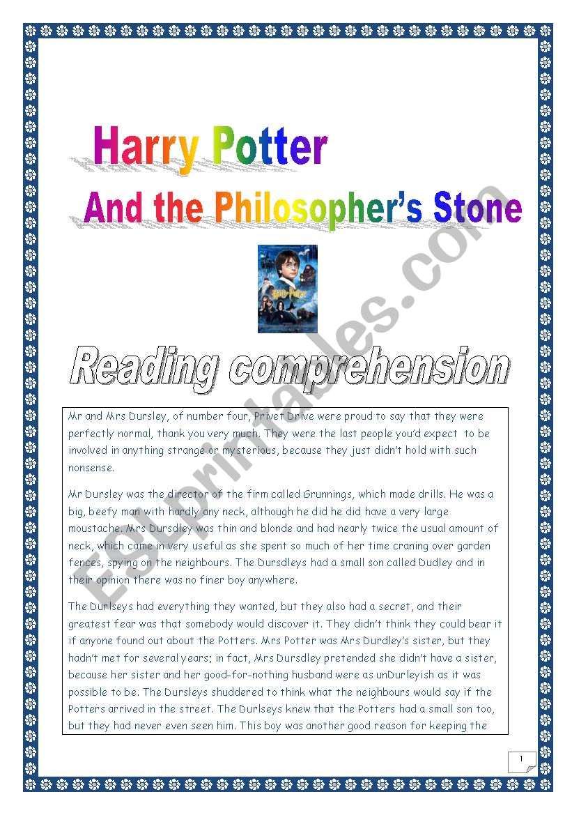 Reading comprehension: project: Harry Potter & the Philosopher´s Stone ...