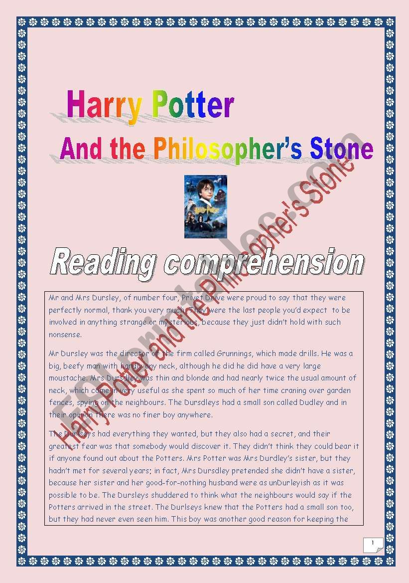 Reading comprehension project: Harry Potter and the Philosopher´s Stone ...