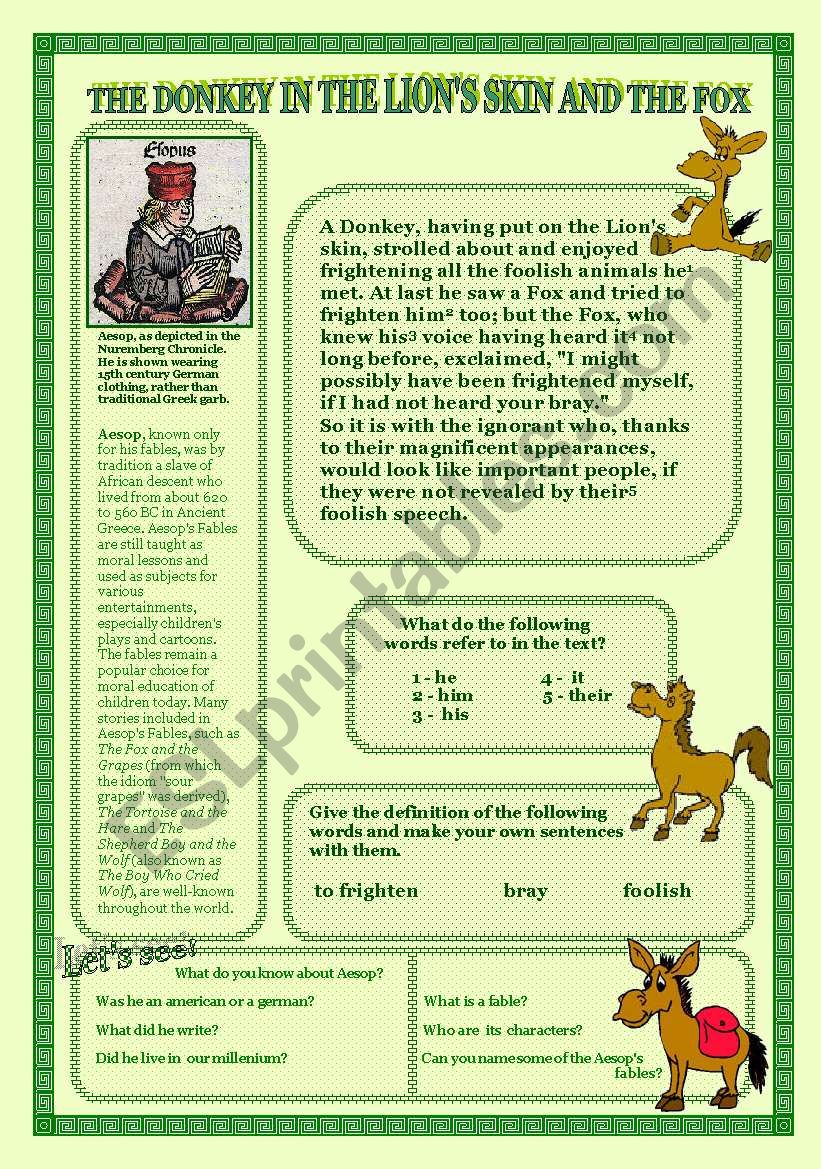The donkey in the lion´s skin and the fox - ESL worksheet by anca13