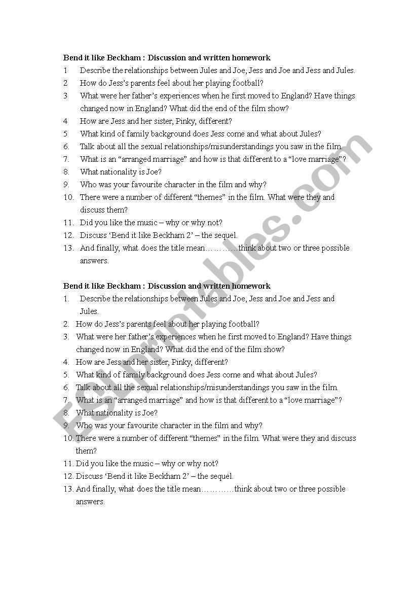 Bend it like Beckham - ESL worksheet by ozspur