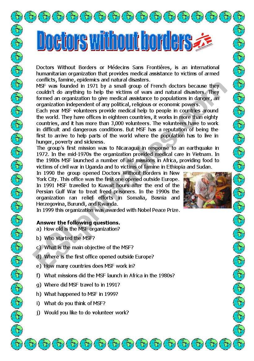 Doctors Without Borders (Médicins Sans Frontières) - ESL worksheet by ...