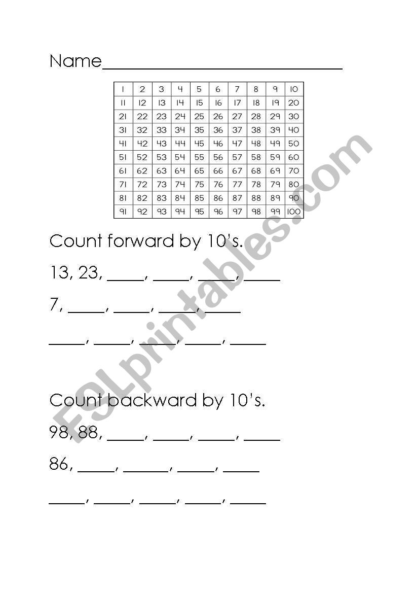 English worksheets: counting by 10´s
