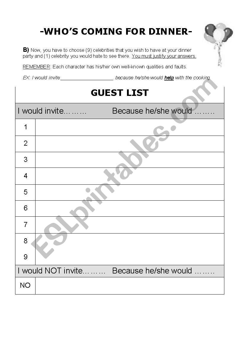 WHO´S COMING FOR DINNER (class activity) part 2 - ESL worksheet by _babz
