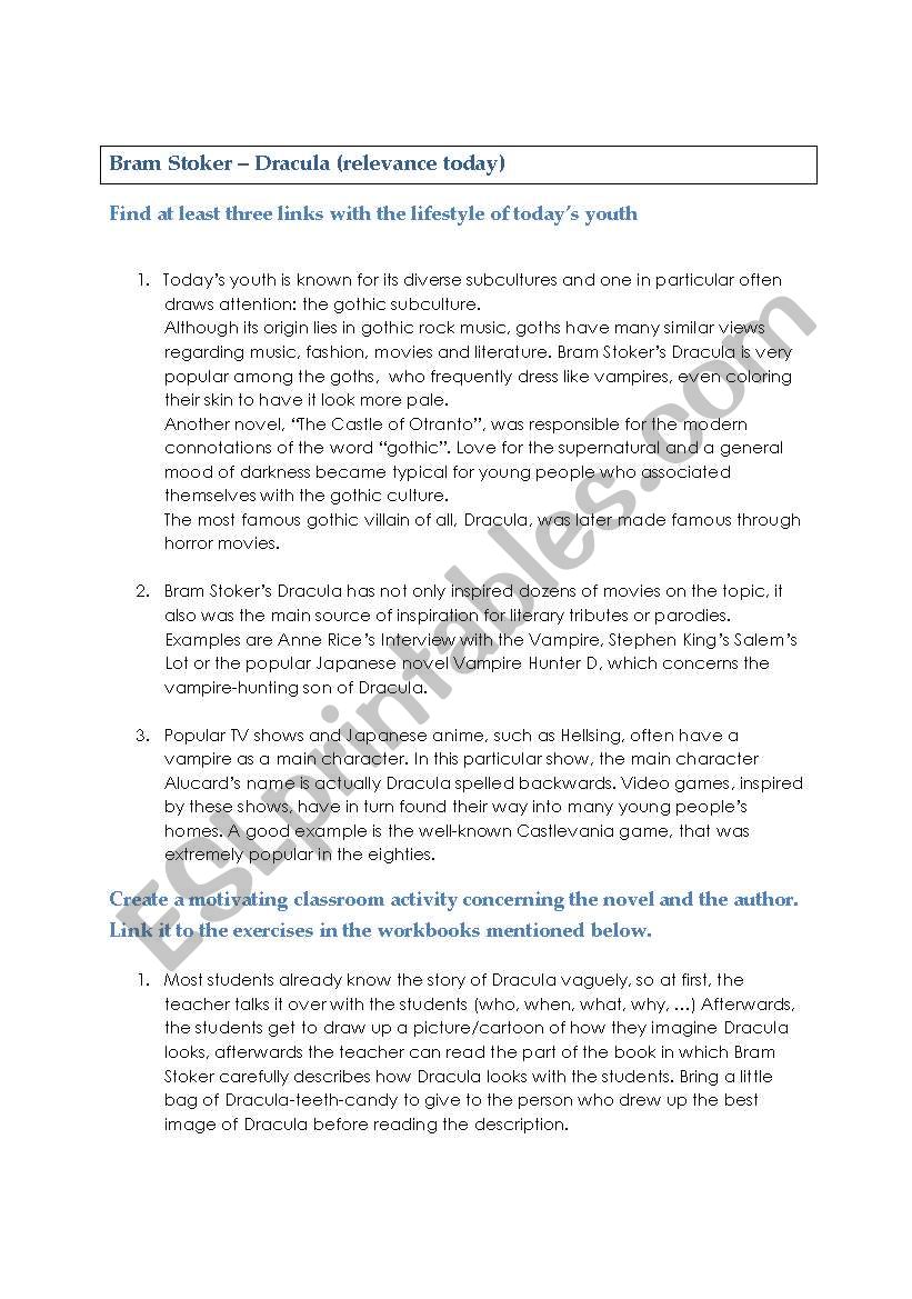 English worksheets: Bram Stoker´s Dracula: Relevance Today
