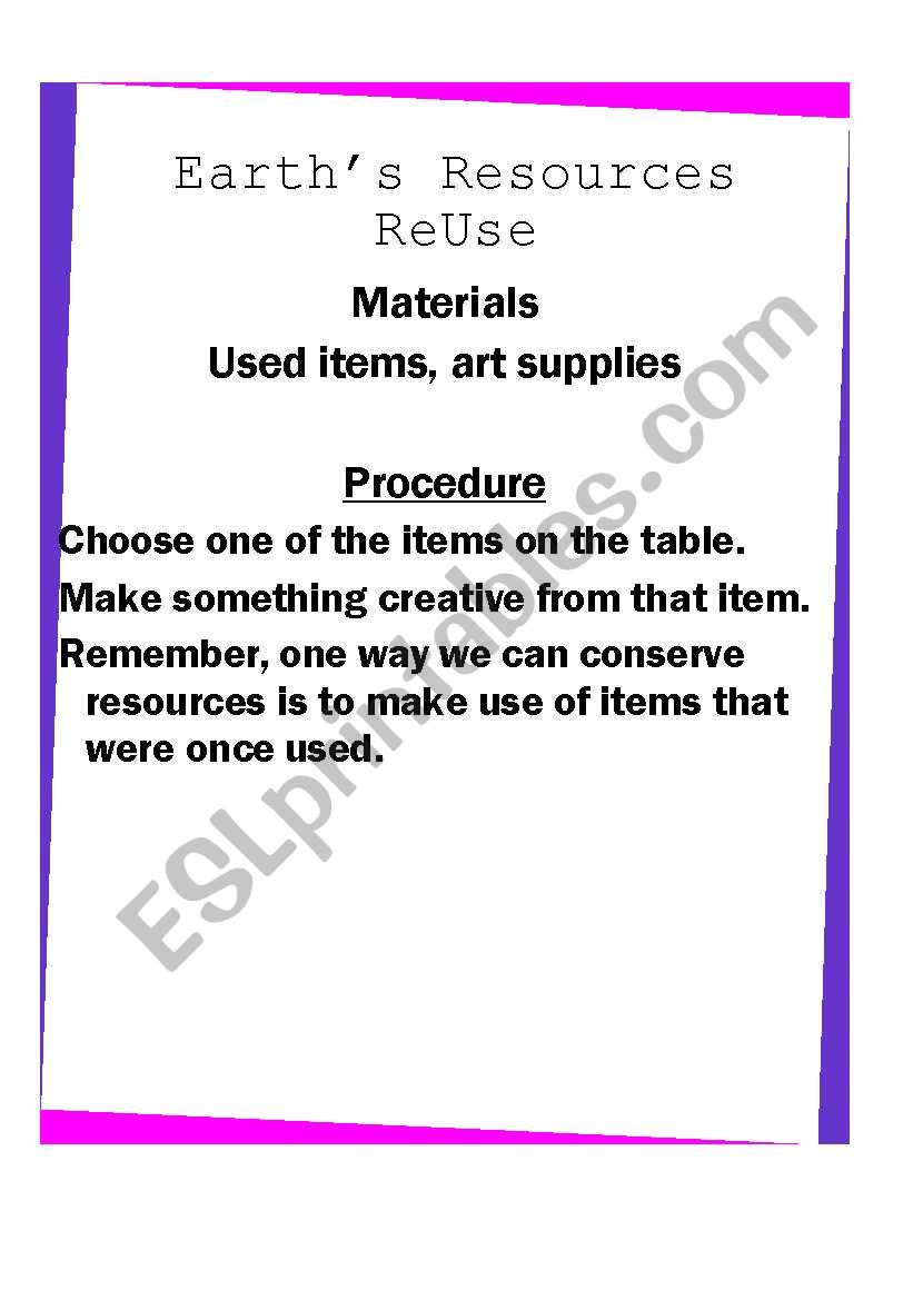 English worksheets: Earth´s Resources-Reuse