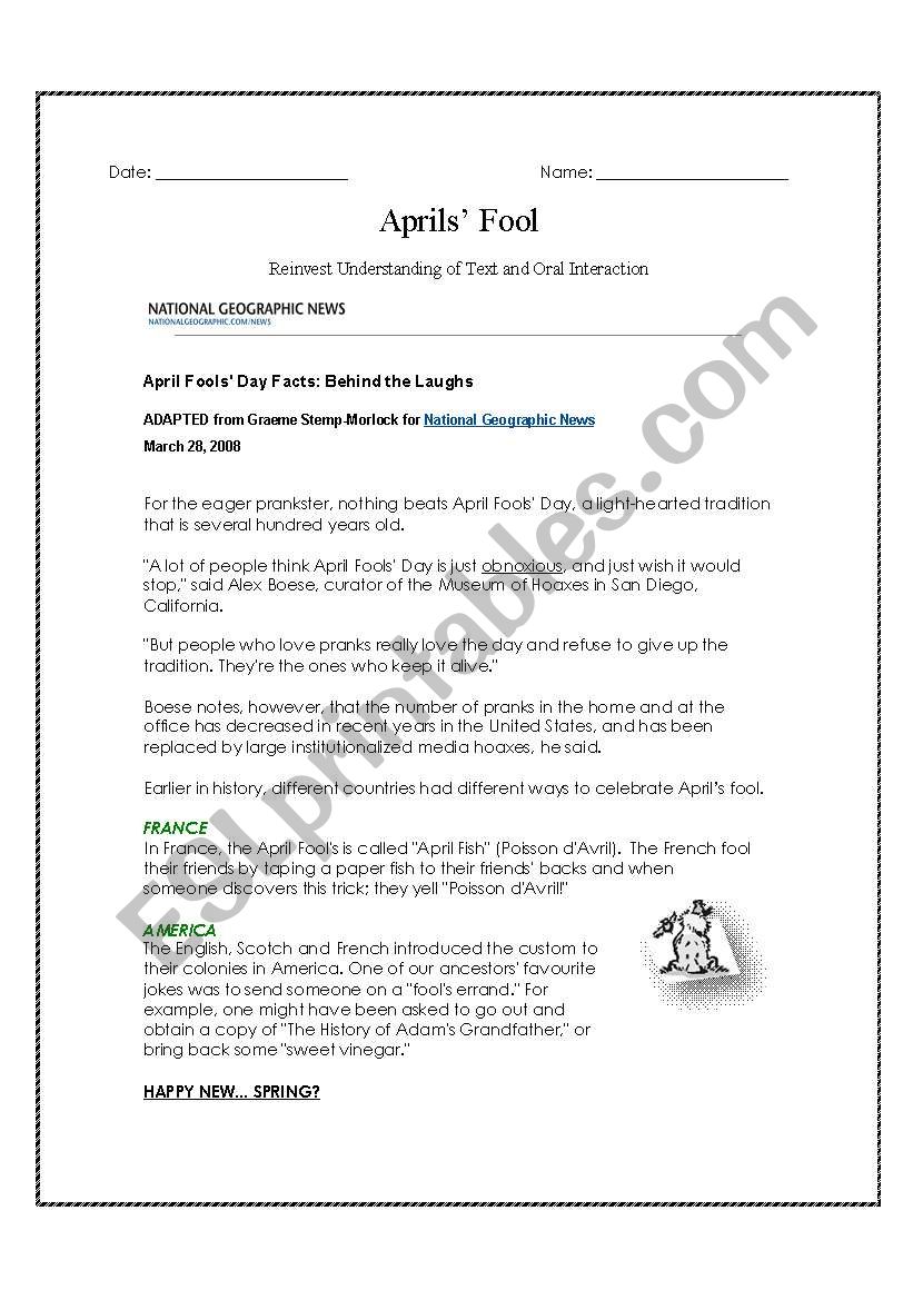 April´s Fool activity - ESL worksheet by JulieJRteacher