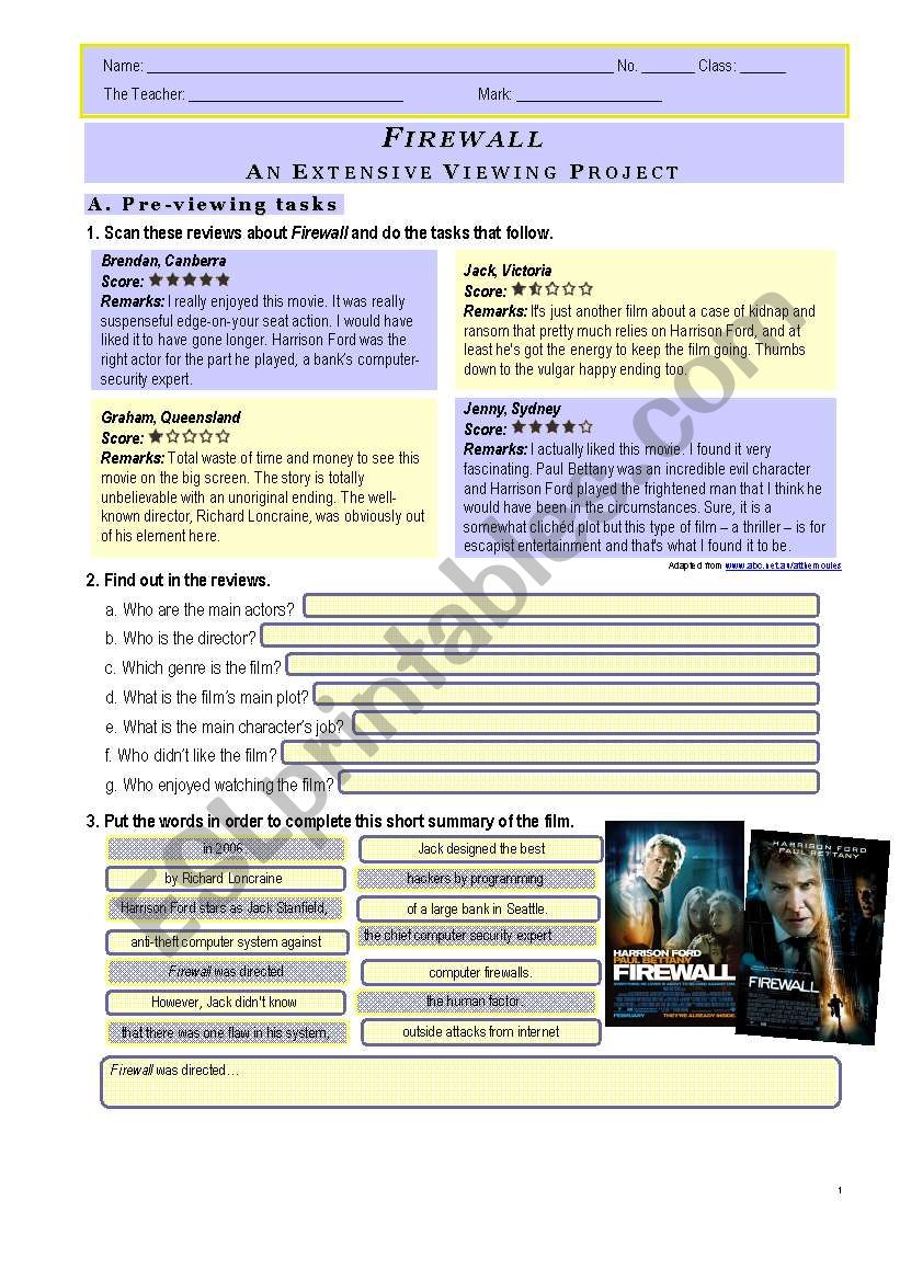 FILM PROJECT – “FIREWALL” – part 1 (4 pages, key included) - ESL ...