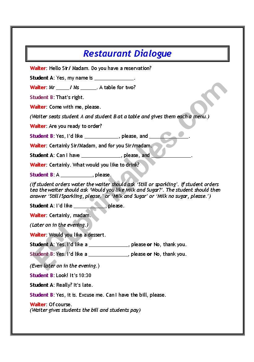 Restaurant Dialogue Esl Worksheet By Jacquis