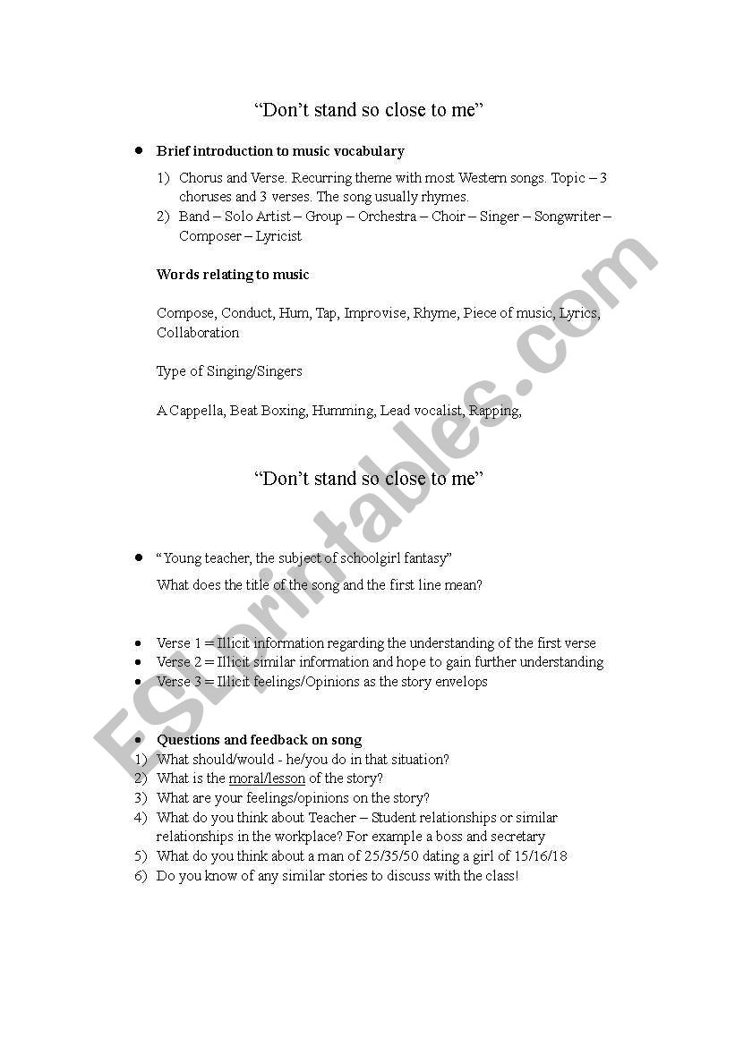 English worksheets: Song - ´Don´t stand so close to me´ by The Police