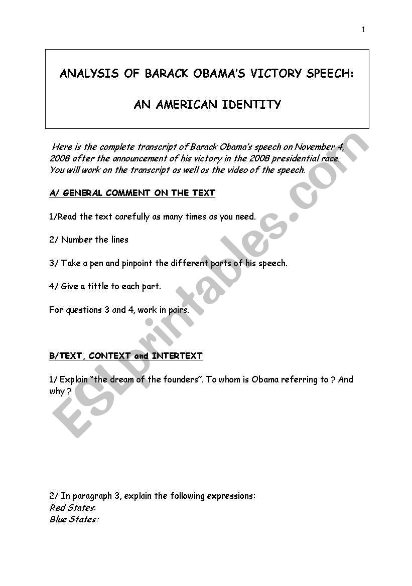 analysis of Obama´s victory speech - ESL worksheet by sandretto