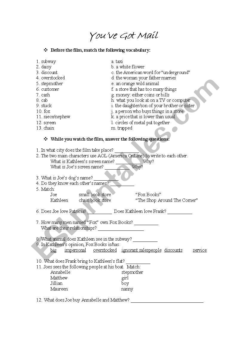 Movie: "You´ve Got Mail" - ESL worksheet by napolilisa