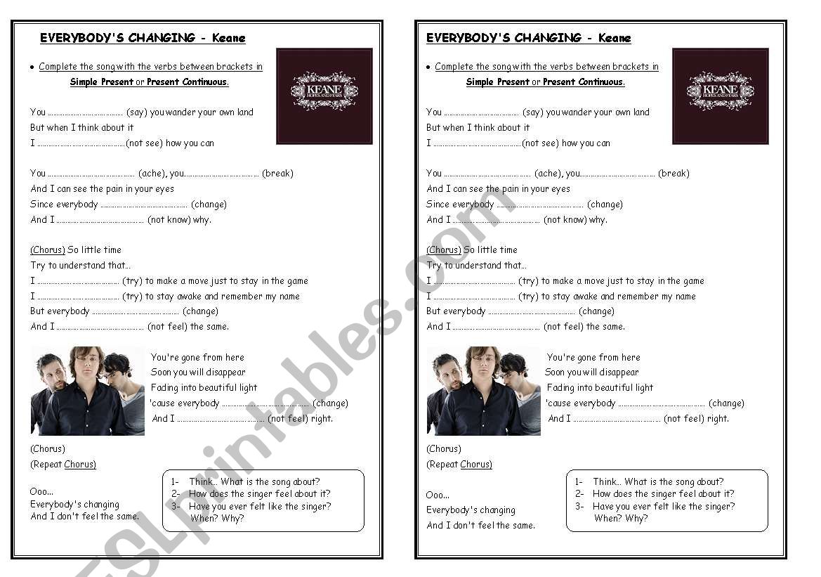 Everybody´s Changing - Keane - ESL worksheet by Analab