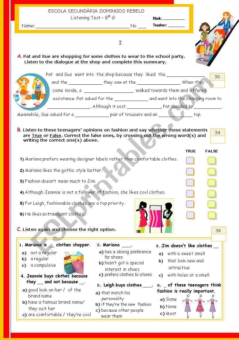 Shopping + Teenagers´ opinions on fashion - Listening TEST for ...