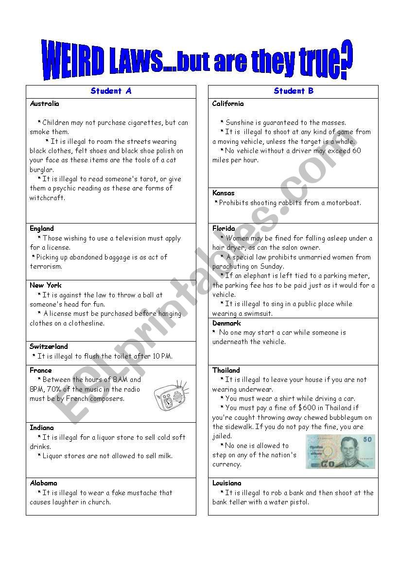 Weird Laws - Pairwork - must, have to, allowed to, can´t etc. - ESL ...
