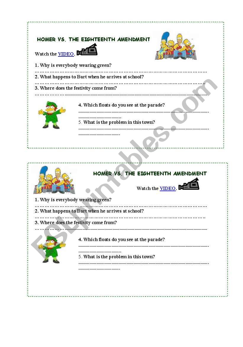 HOMER VS THE EIGHTEENTH AMENDMENT (SAINT PATRICK´S DAY) - ESL worksheet ...
