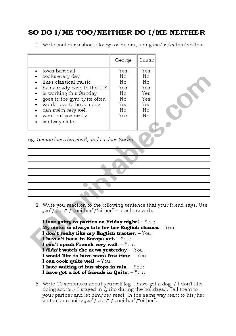 So do I/ I do , too/ neither do I/I don´t either worksheet - ESL ...