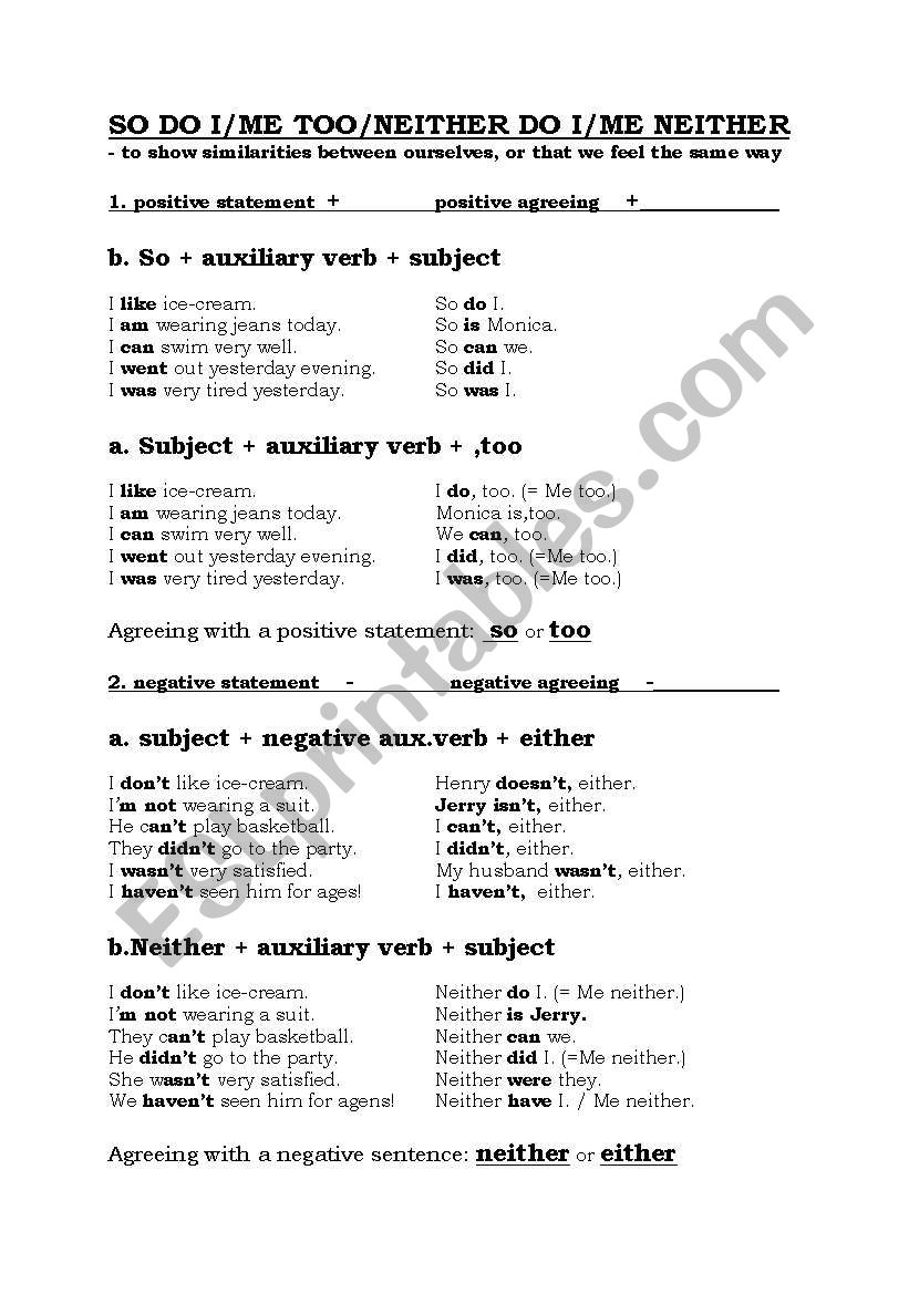 So do I/ I do , too/ neither do I/I don´t either grammar handout - ESL ...