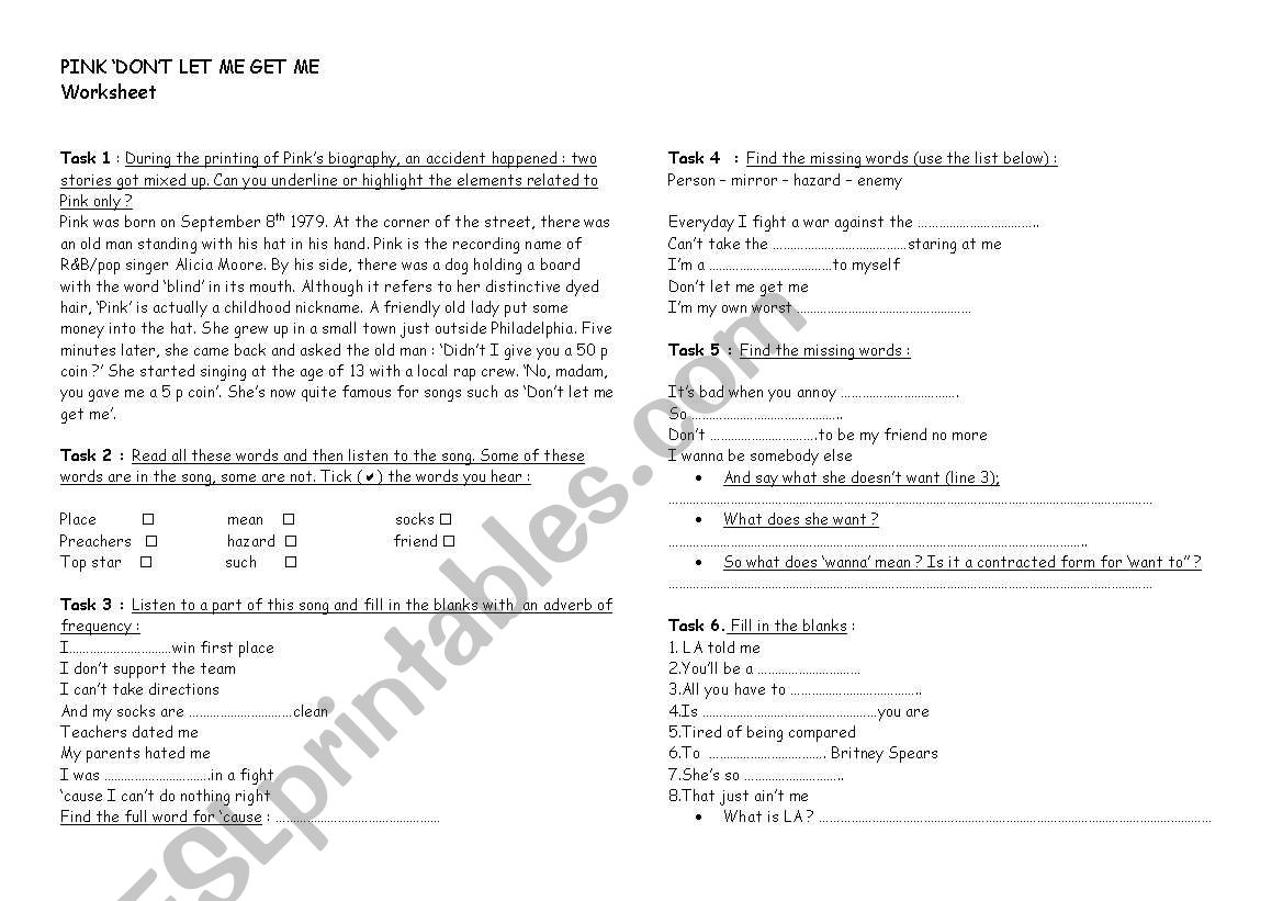 Pink, ´Don´t let me get me!´ - ESL worksheet by guizmow