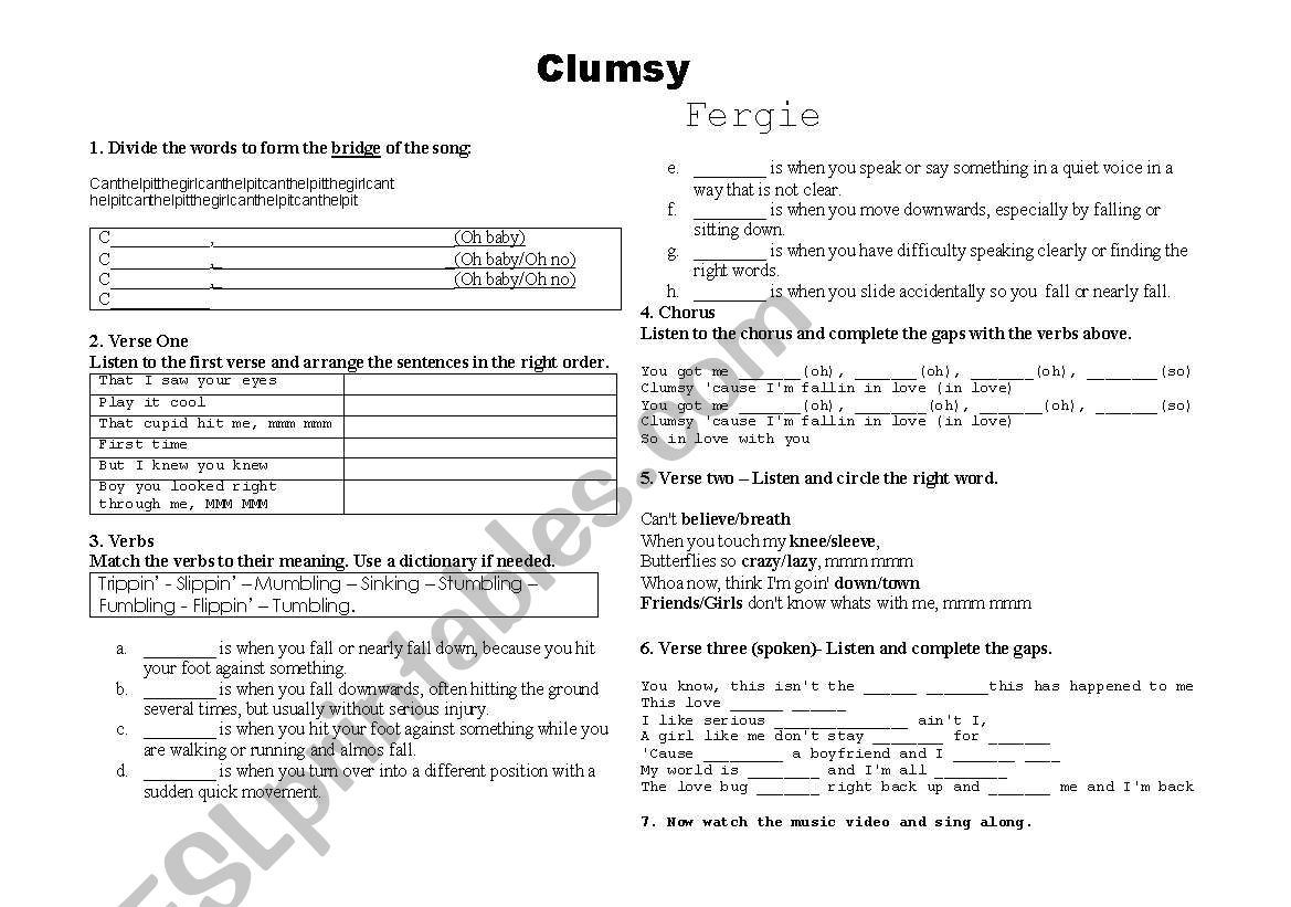 Song Activity - ´Clumsy´ by Fergie - ESL worksheet by pnlpz