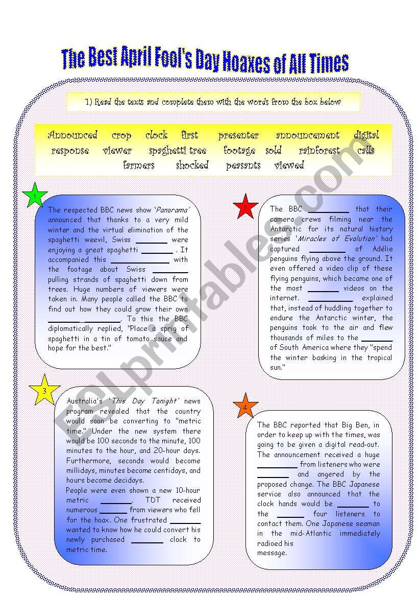 The Best April Fool´s day hoaxes of all times! - ESL worksheet by Kate ...