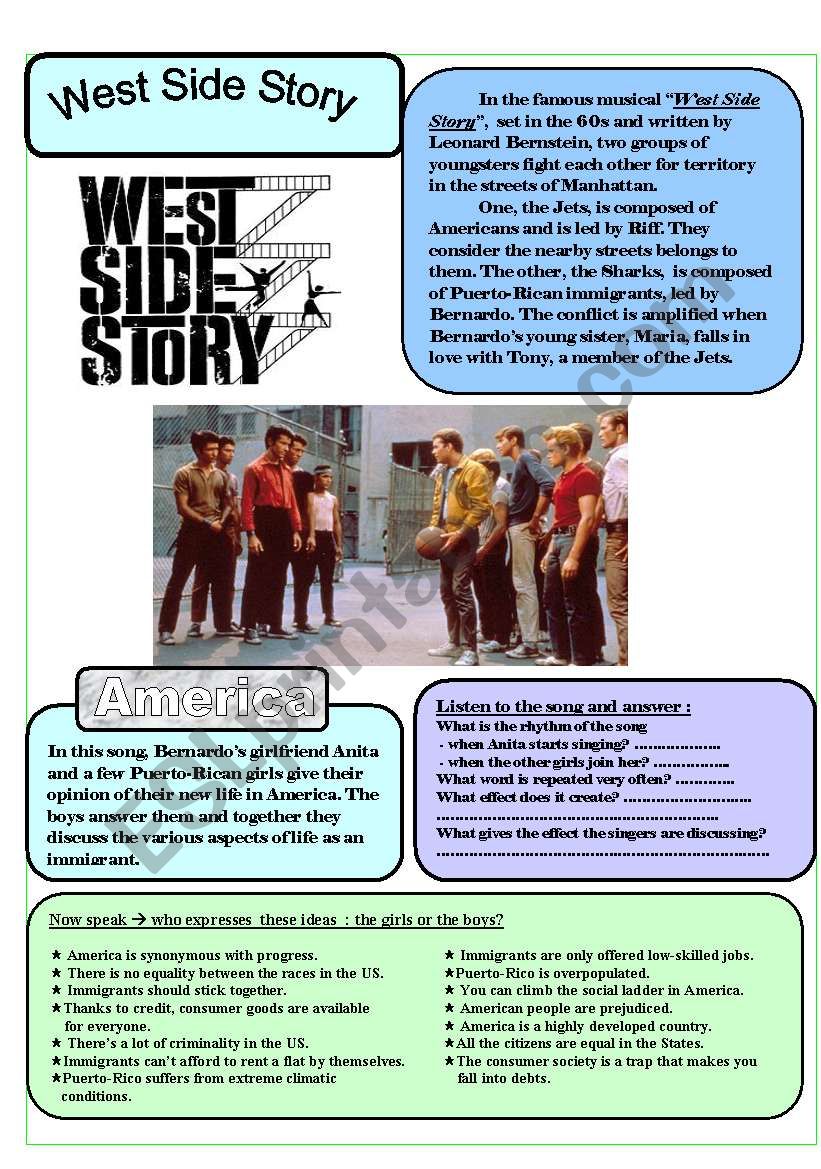 West Side Story´s song America - 3 pages - ESL worksheet by Missbrittany
