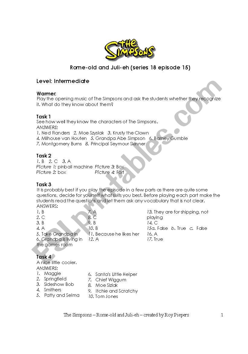 English worksheets: The Simpsons – Rome-old and Juli-eh teacher´s notes