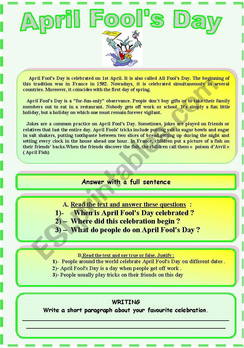 Reading : April Fool´s Day - ESL worksheet by sruggy