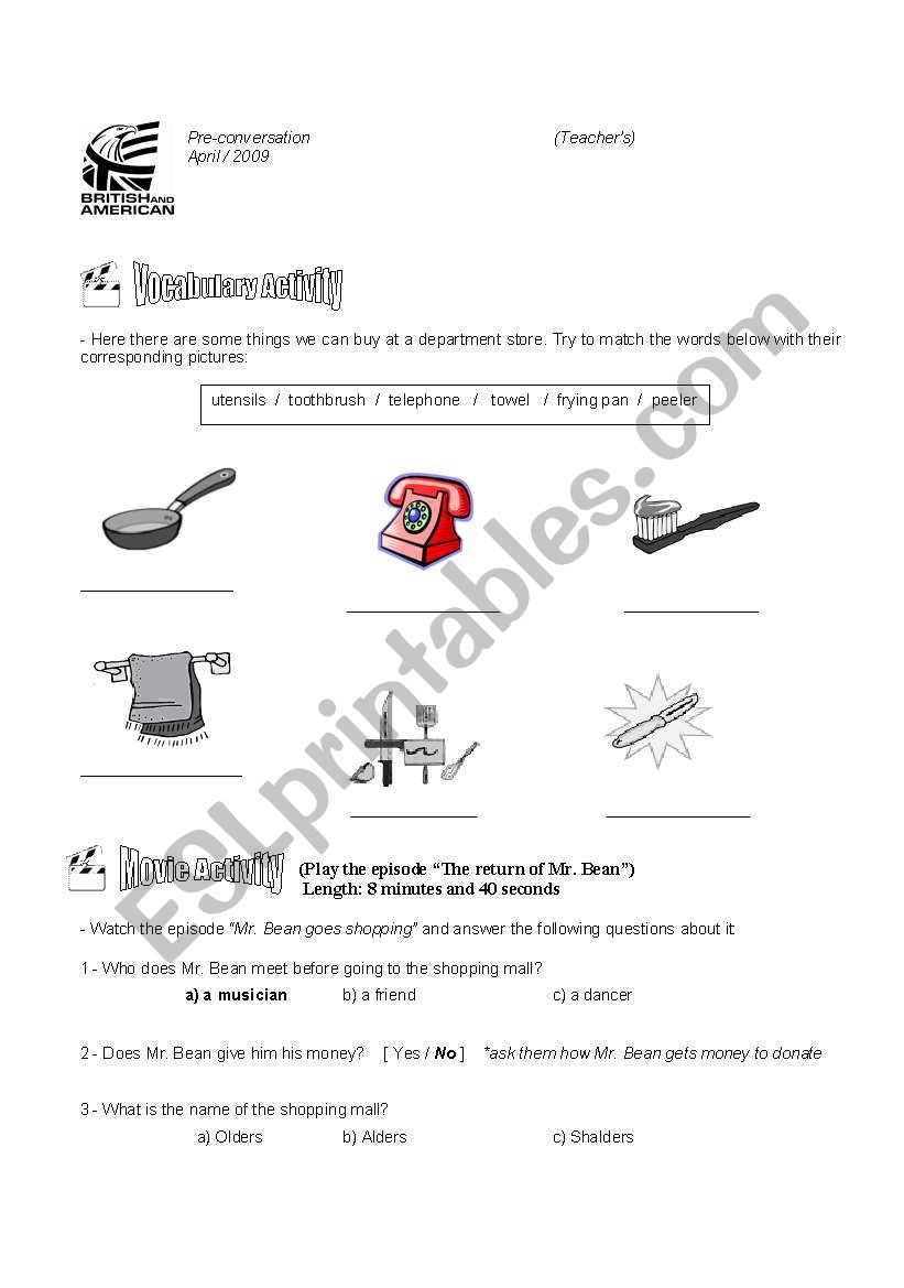 Movie-conversation class based on Mr. BeanÂ´s episode "Mr. Bean goes ...