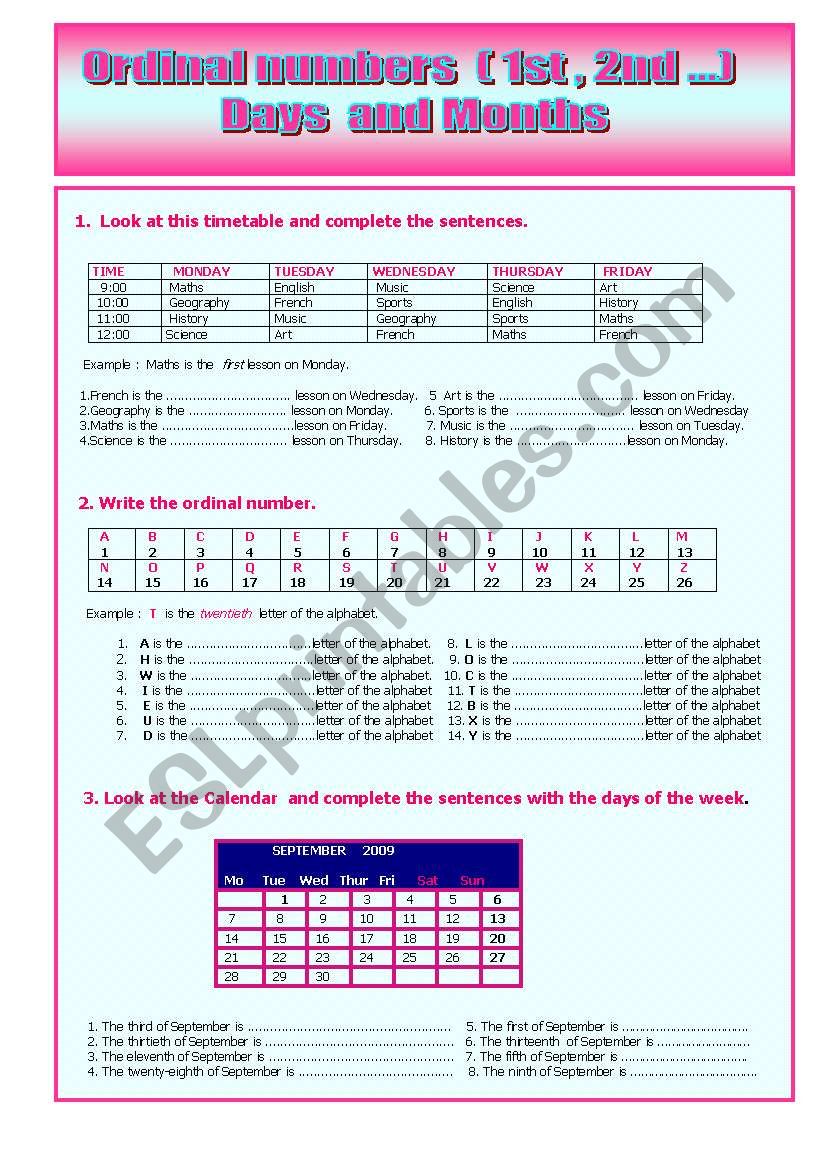 ORDINAL NUMBERS , DAYS AND MONTHS - ESL worksheet by curk ORDINAL NUMBERS , DAYS AND MONTHS - ESL worksheet by curk