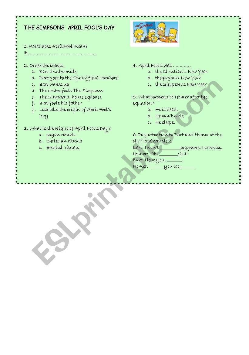 The Simpsons April Fools´ Day - ESL worksheet by MariaE
