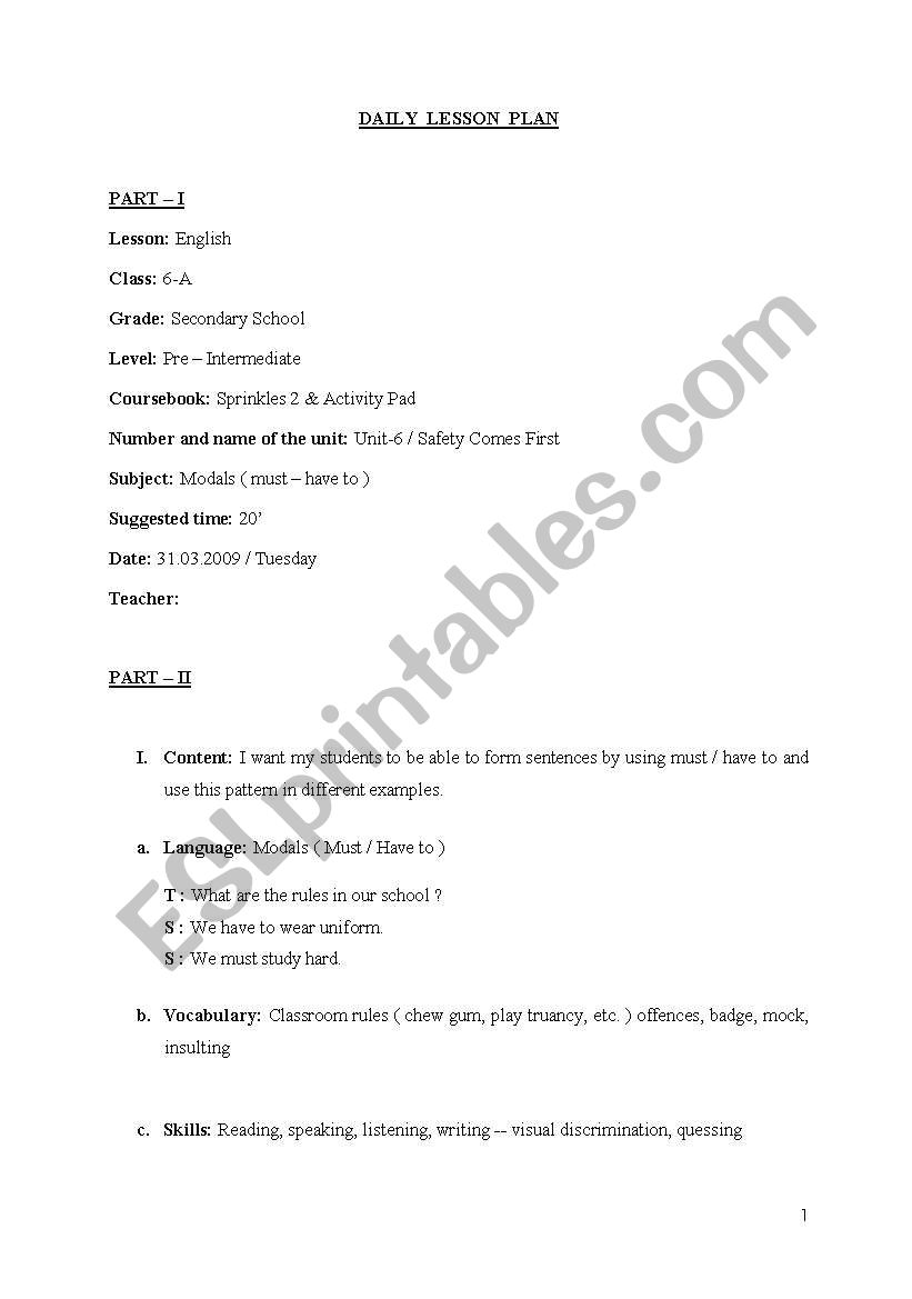 Daily Lesson Plan for Modals ( must / mustnÂ´t - have to / donÂ´t have ...