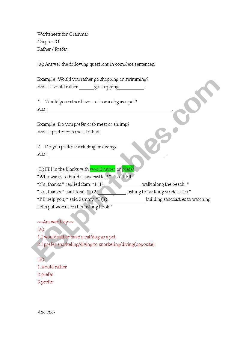 English worksheets: Amy´s Grammar Palace-worksheet 01-prefer/rather