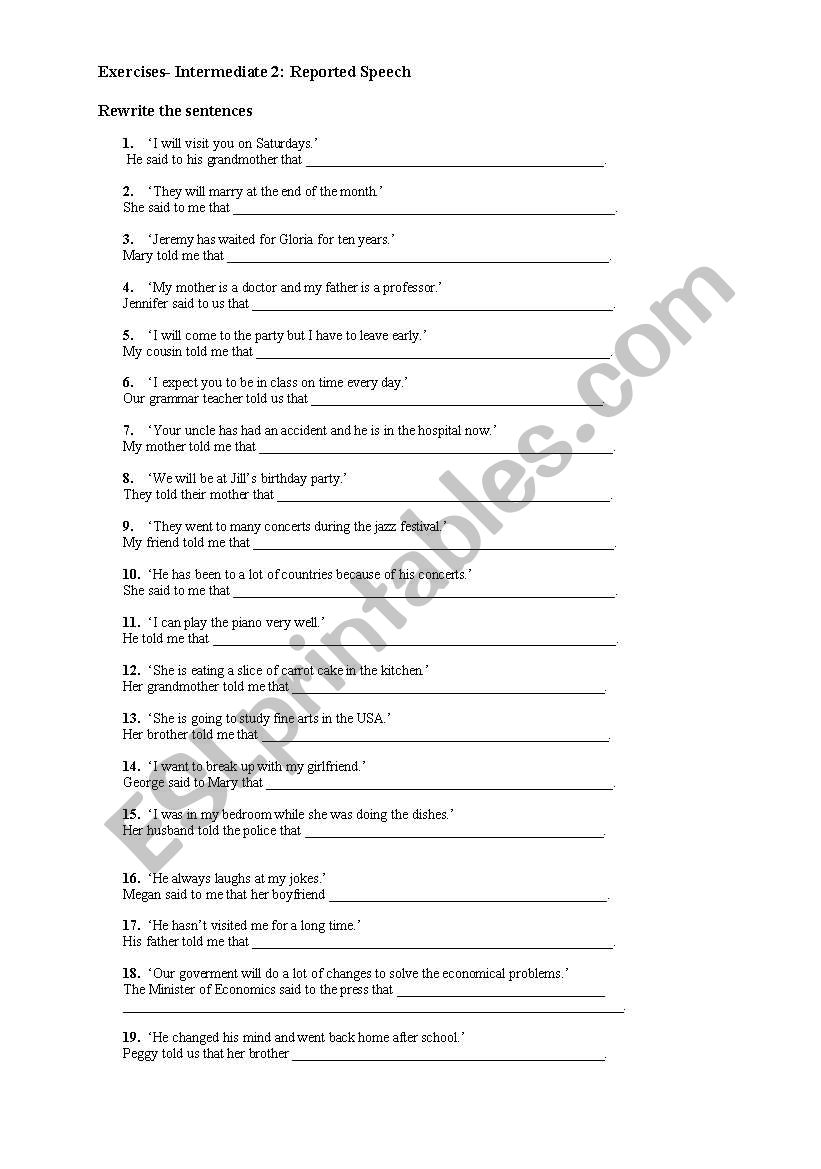 Reported Speech Exercises - ESL worksheet by tivilizer