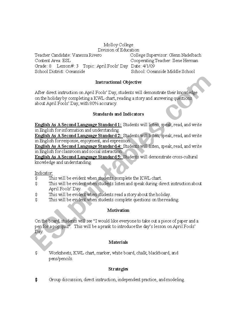 English worksheets: Lesson Plan on April Fools´ Day