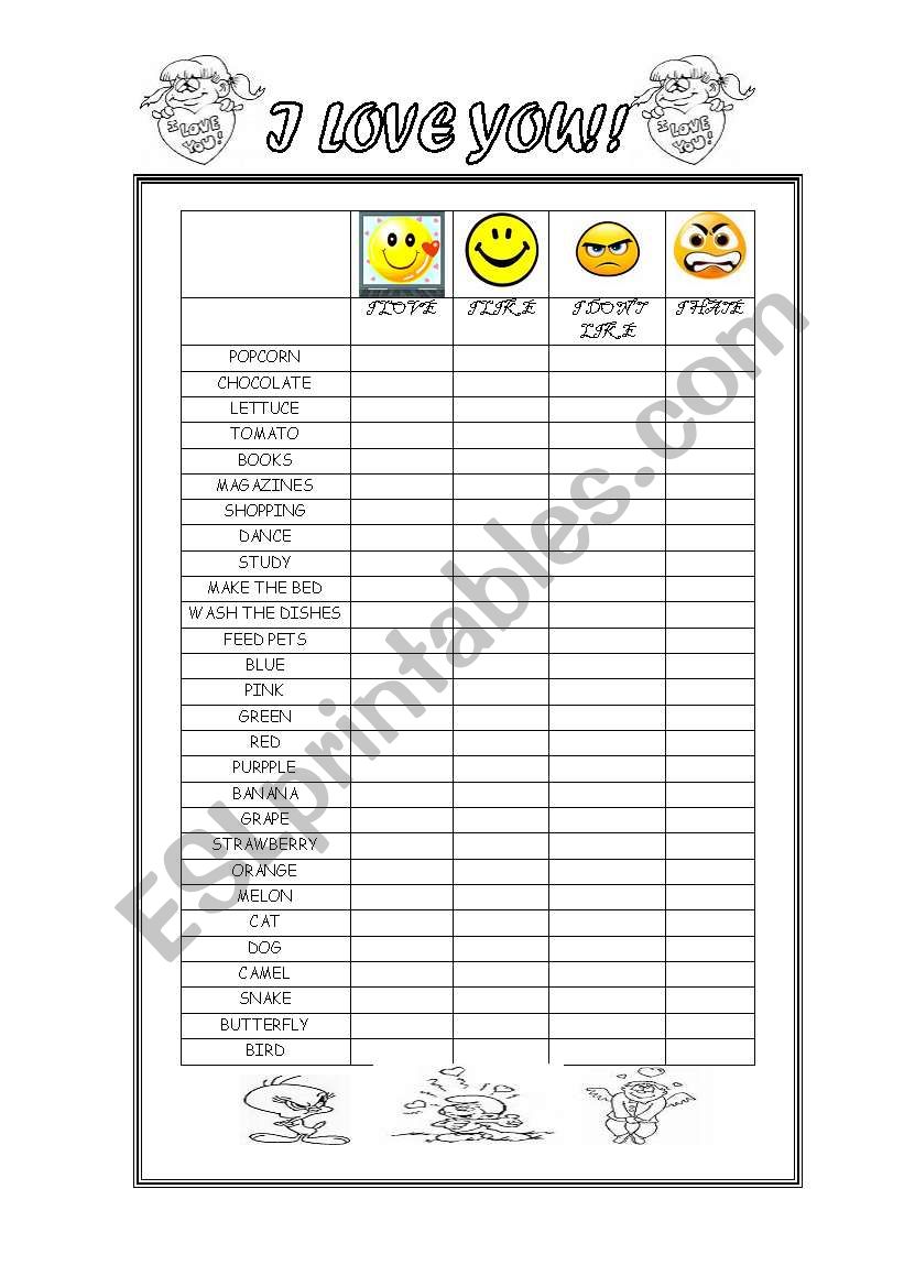 I LOVE - I LIKE - I DON´T LIKE - I HATE - ESL worksheet by lekangel