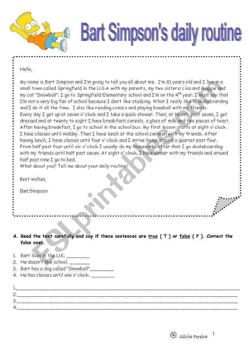 Bart Simpson´s daily routine - ESL worksheet by miss mary