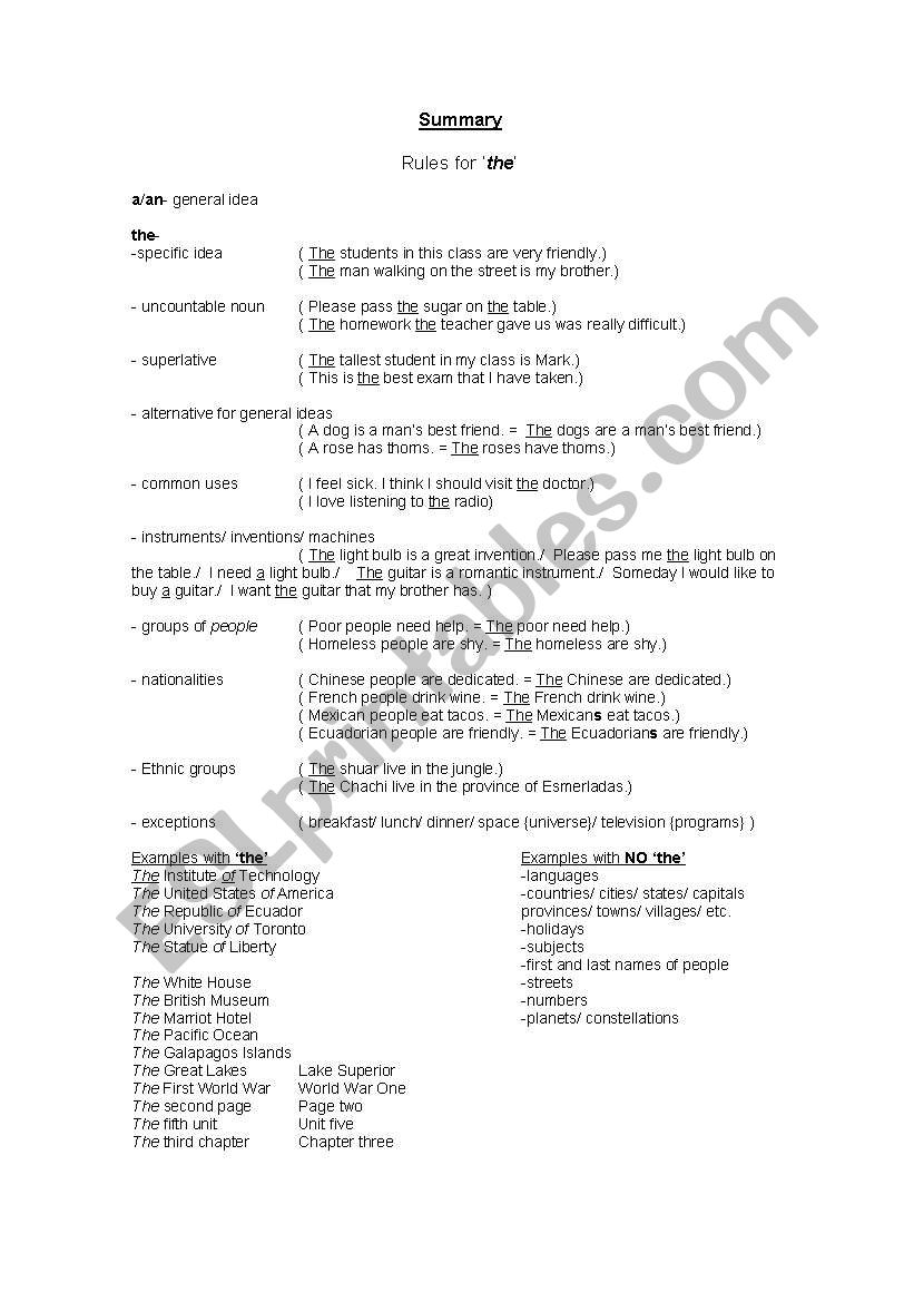 English worksheets: Rules for using the article ´the´