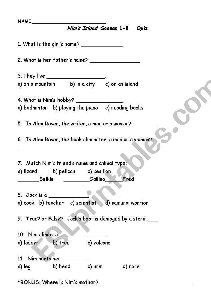Movie: Nim´s Island Quiz 1 - ESL worksheet by applethom