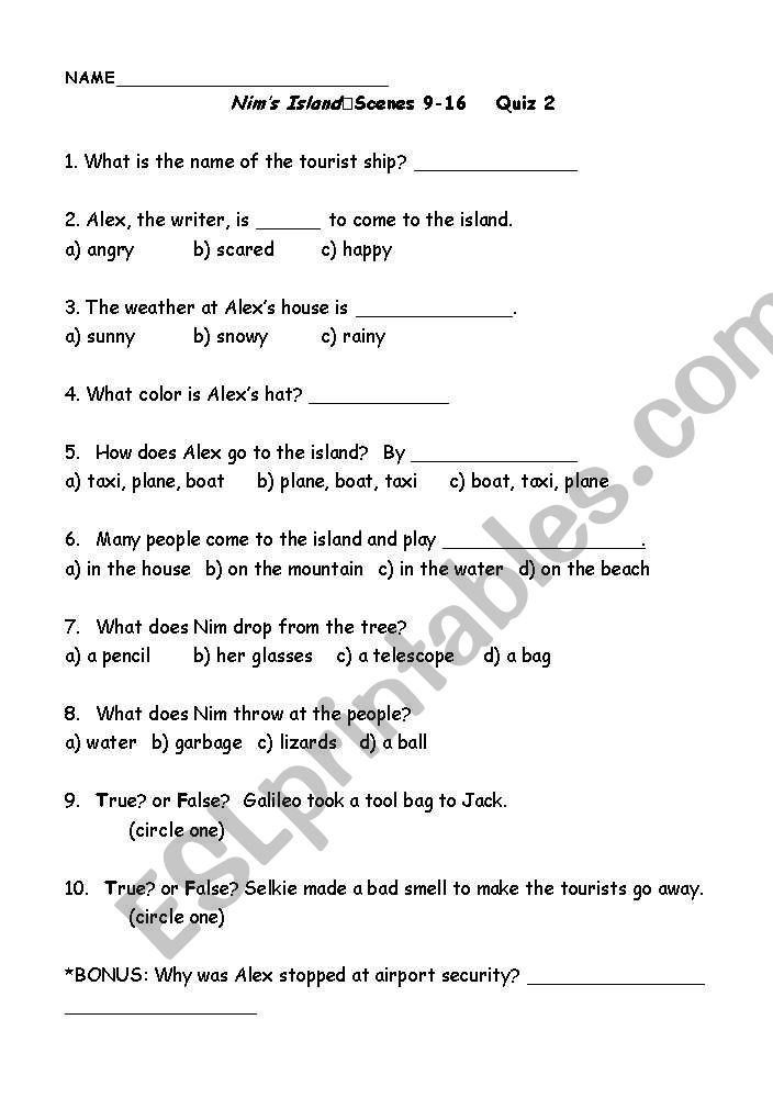 Nim´s Island Quiz 2 - ESL worksheet by applethom