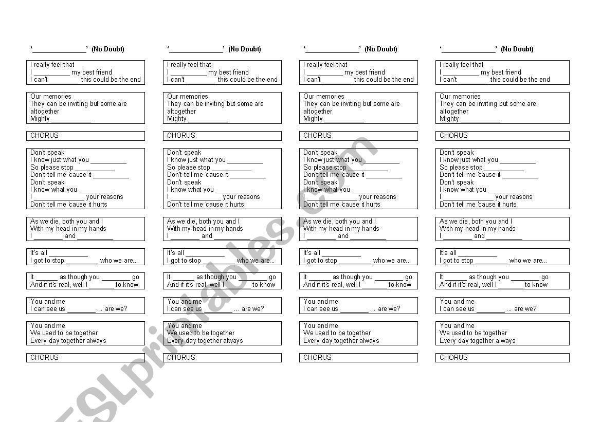 Don´t Speak - No Doubt - ESL worksheet by valeria11 Don´t Speak - No Doubt - ESL worksheet by valeria11