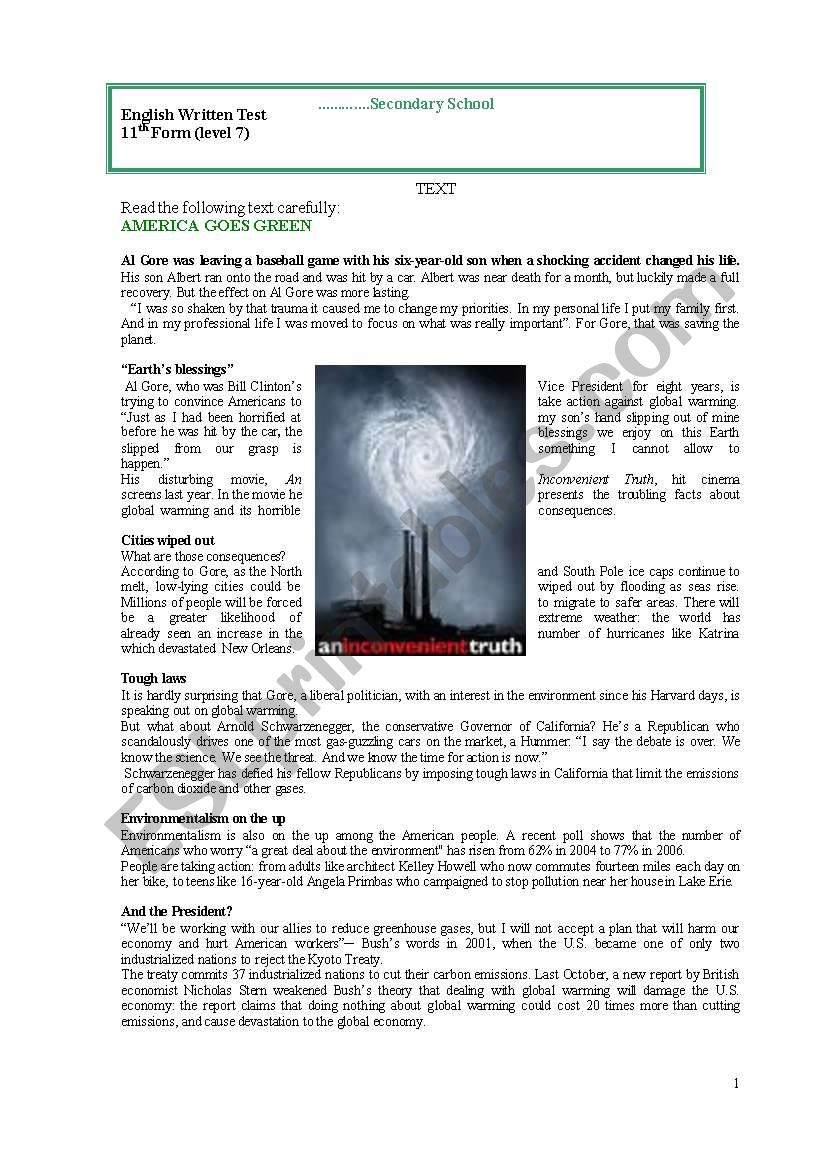 Test on Al Gore´s "An Inconvenient Truth" - ESL worksheet by Nelinha