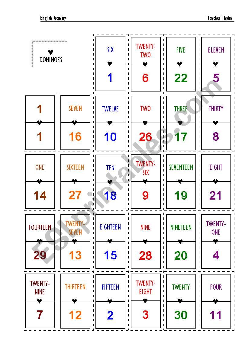 Dominoes "Let´s play with numbers" ( 1 - 30 ) / Colored version - ESL ...